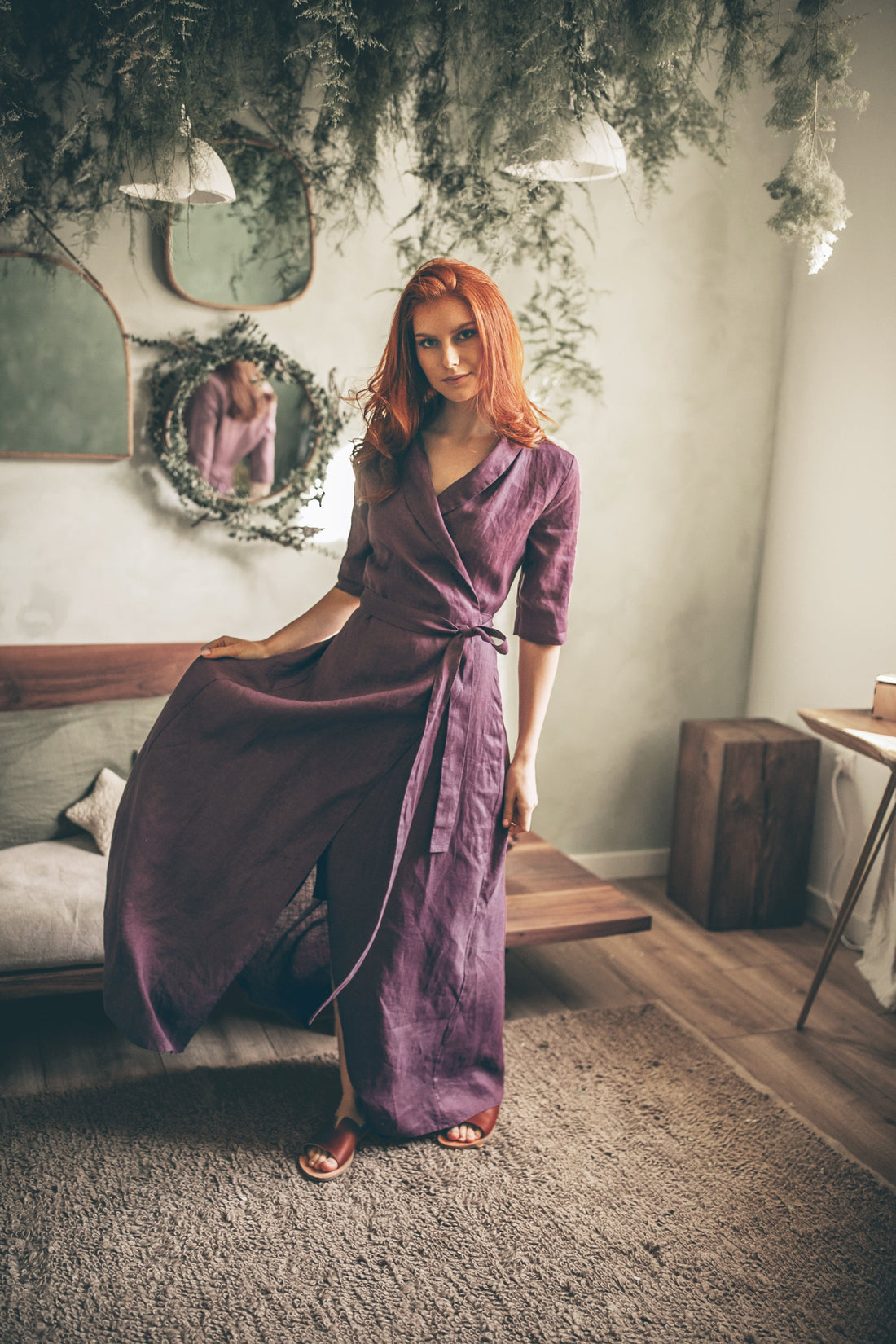 Linen Wrap Dress - Elegant A-line Wrap Linen Dress with Tie Waist ...